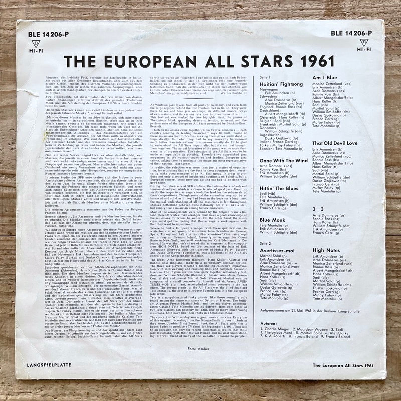 THE EUROPEAN ALL STARS 1961 - German Telefunken Original – ALORECORD